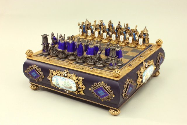 Enamel & Silver Jeweled Chess Set