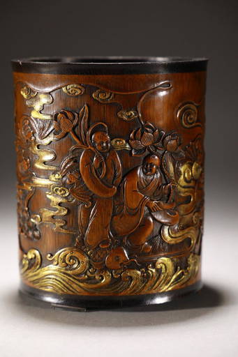 Bamboo&gold Carved Immortal Pattern Brush Pot