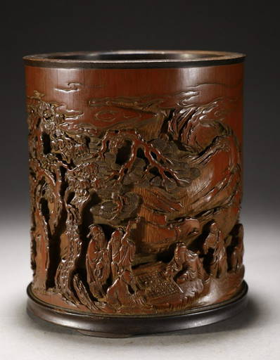 Yun Qiao Mark Bamboo Carved Figure Story Brush Pot