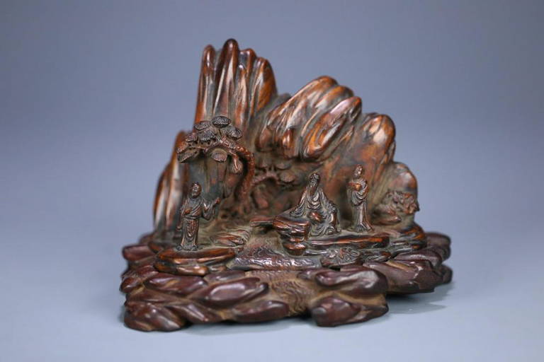 Huanghuali Wood Carved Figure Pattern Scholar Rock