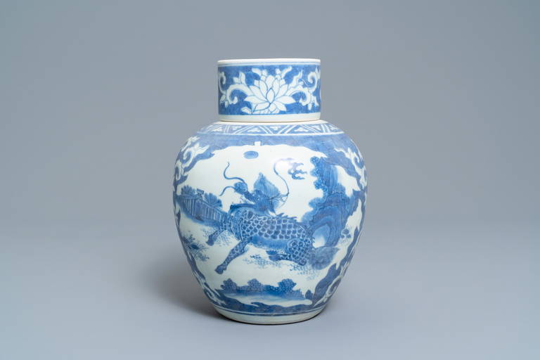 A Large Chinese Blue And White 'mythical Beasts' Jar