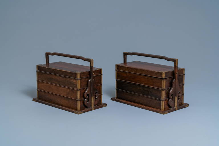 A Pair Of Rectangular Chinese Three Tiered Hongmu
