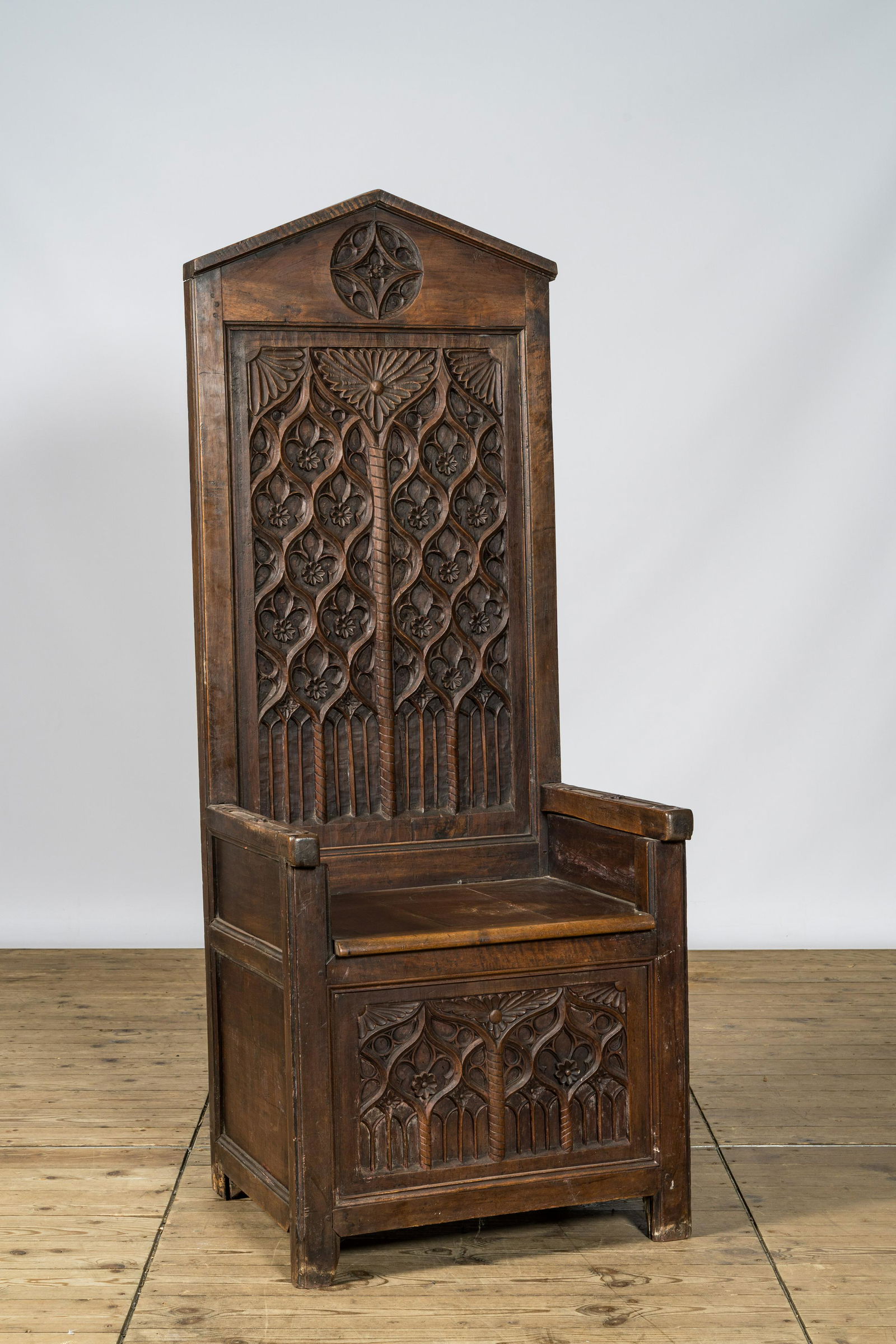 A Large Gothic Revival Walnut Bishop Chair Or Cathedra, 19th C.