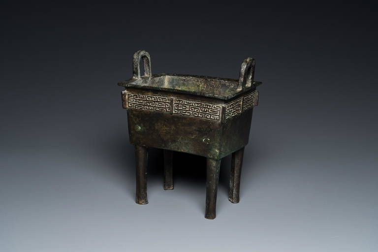 A Rare Chinese Archaistic Bronze 'fang Ding' Ritual Food Vessel With ...