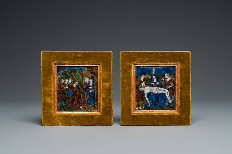 Two Square Limoges Enamel Plaques Depicting A Pieta And Christ Carrying The Cross, France, 16th C.