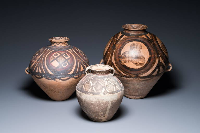 Three Chinese Painted Pottery Jars, Majiayao Yangshao Culture, 3rd/2nd ...