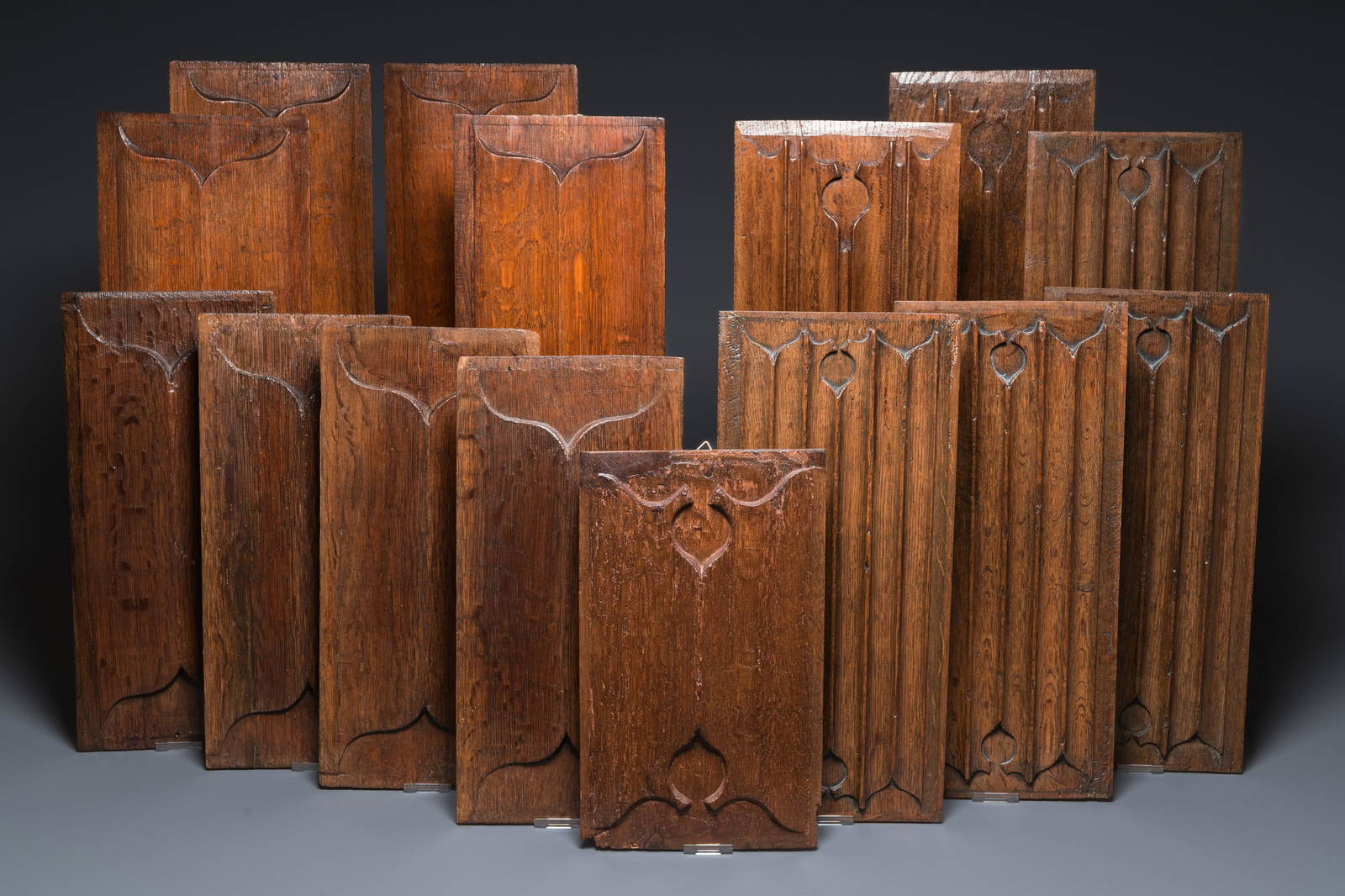 A Collection Of 15 Carved Wooden Linenfold Panels, Mostly Flanders, 14 ...