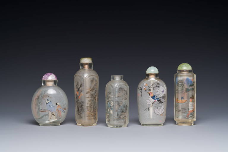 Five Chinese Inside Painted Glass Snuff Bottles, 20th C.