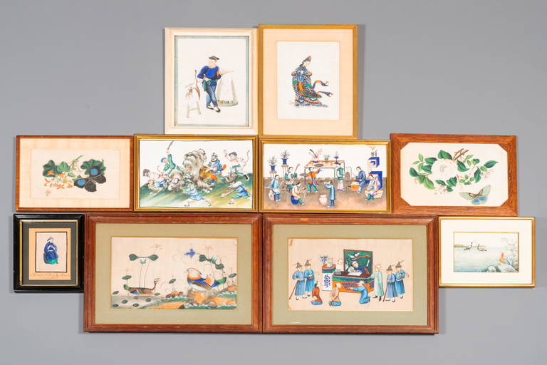 Ten Chinese Rice Paper Paintings With Figures, Fauna And Flora, Canton ...