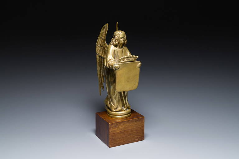 A Flemish Brass Sculpture Of A Winged Angel With Shield, 19th C.