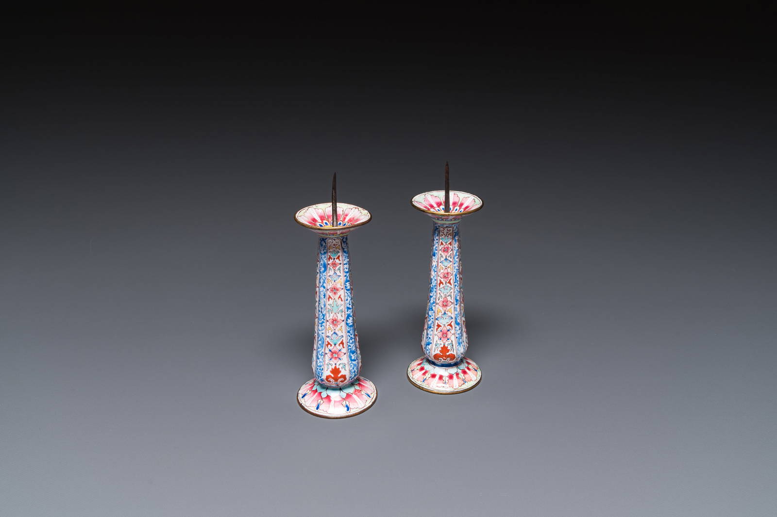 A Pair Of Chinese Canton Enamel Candlesticks With Floral Design ...