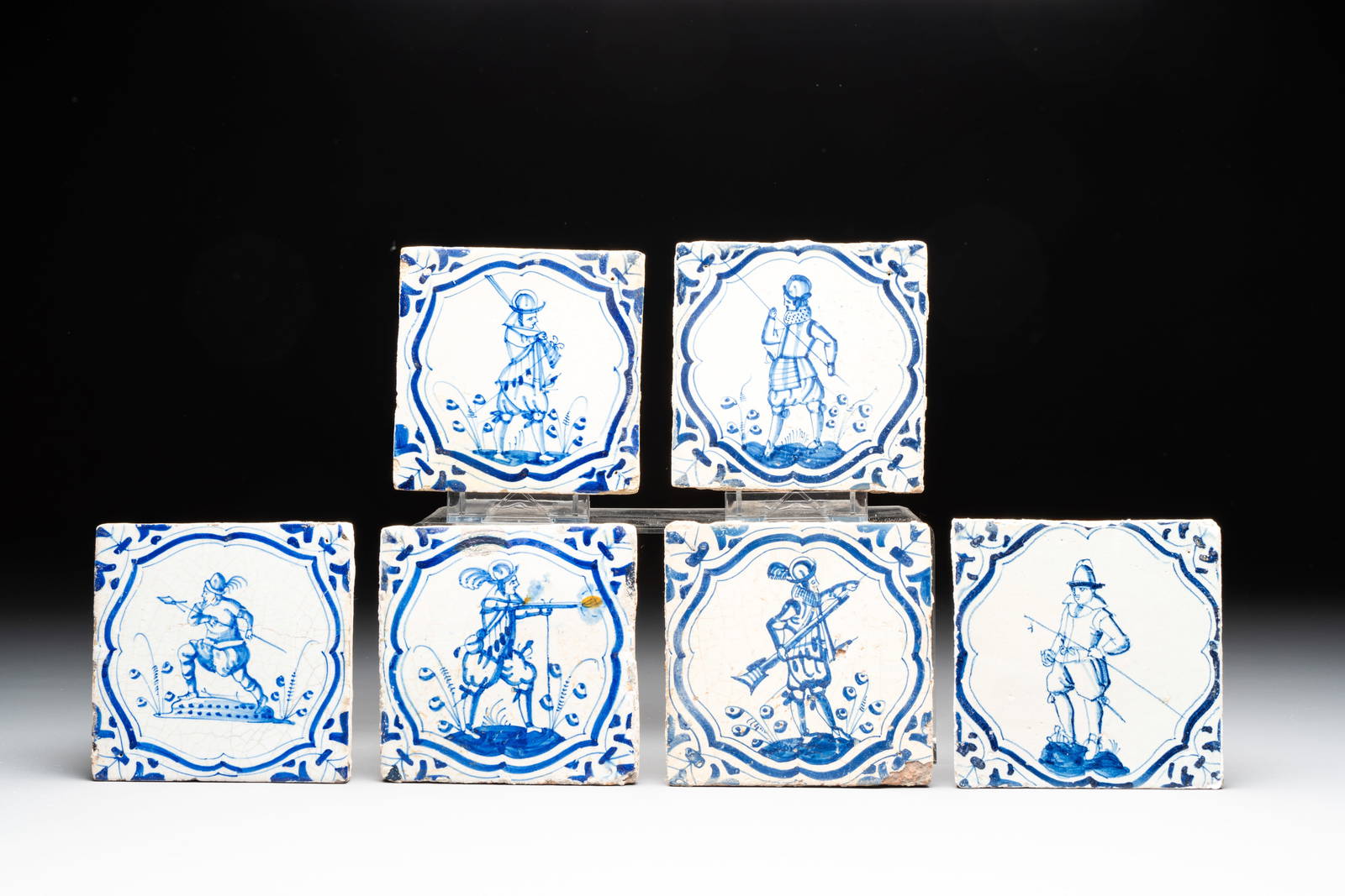 Six Blue And White Dutch Delft 'accolade Borders' 'soldier' Tiles, 17th ...