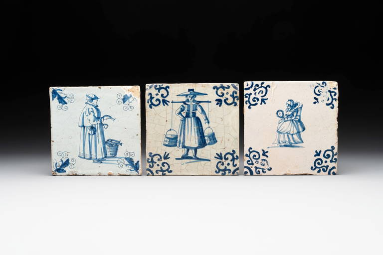 Three Blue And White Dutch Delft 'ladies' Tiles, 17th C.