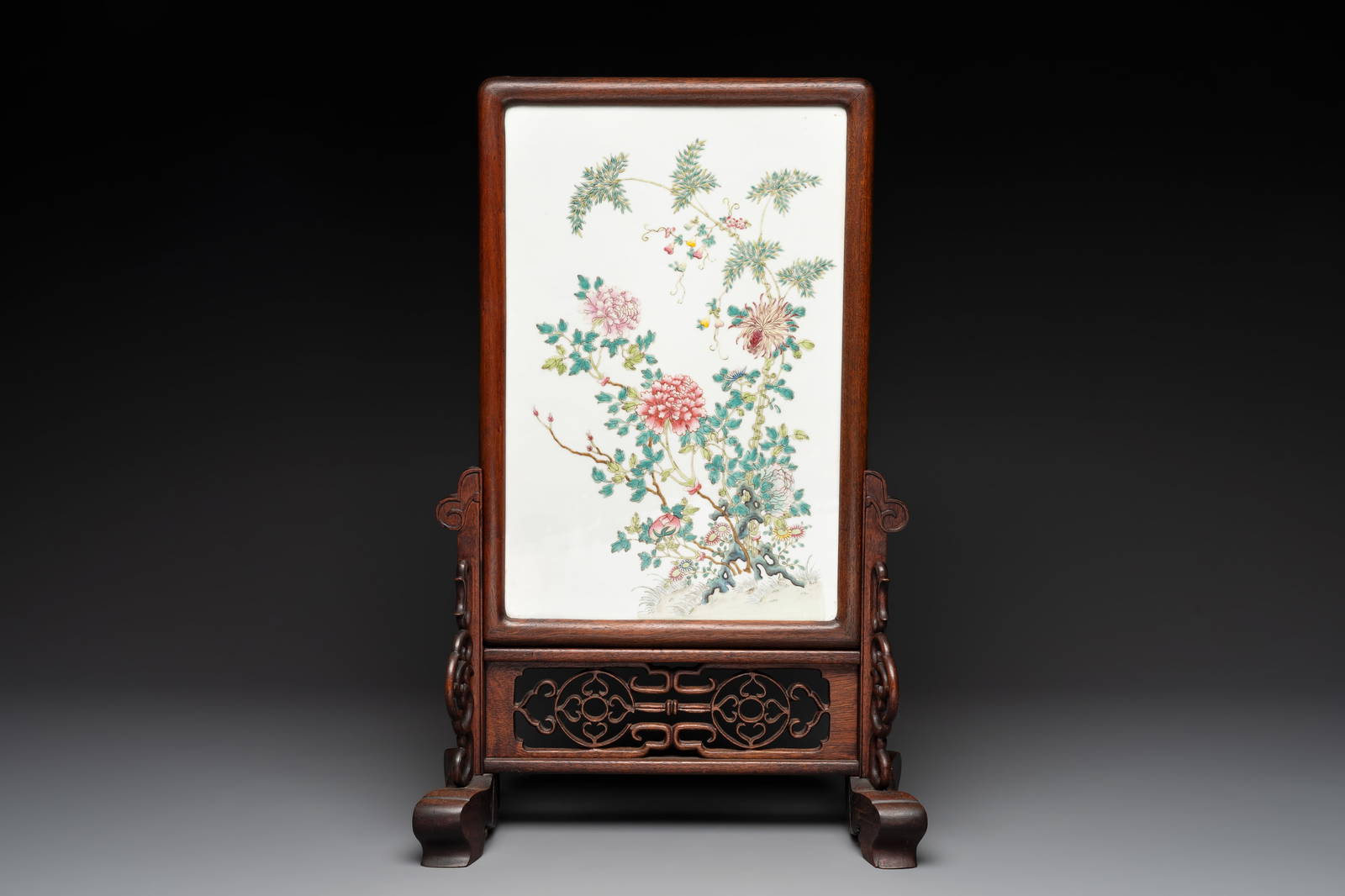 A Chinese Wooden Table Screen With A Famille Rose Plaque, Republic Auction
