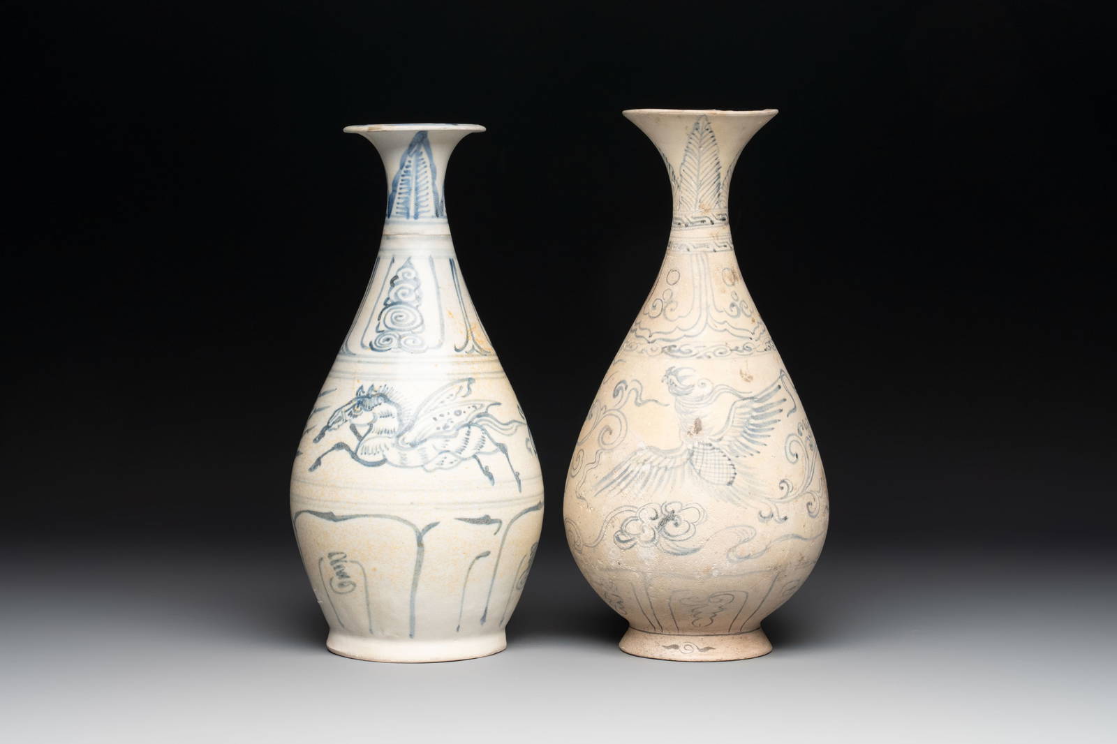 Two Annamese Or Vietnamese Blue And White Pear-shaped Bottle Vases ...