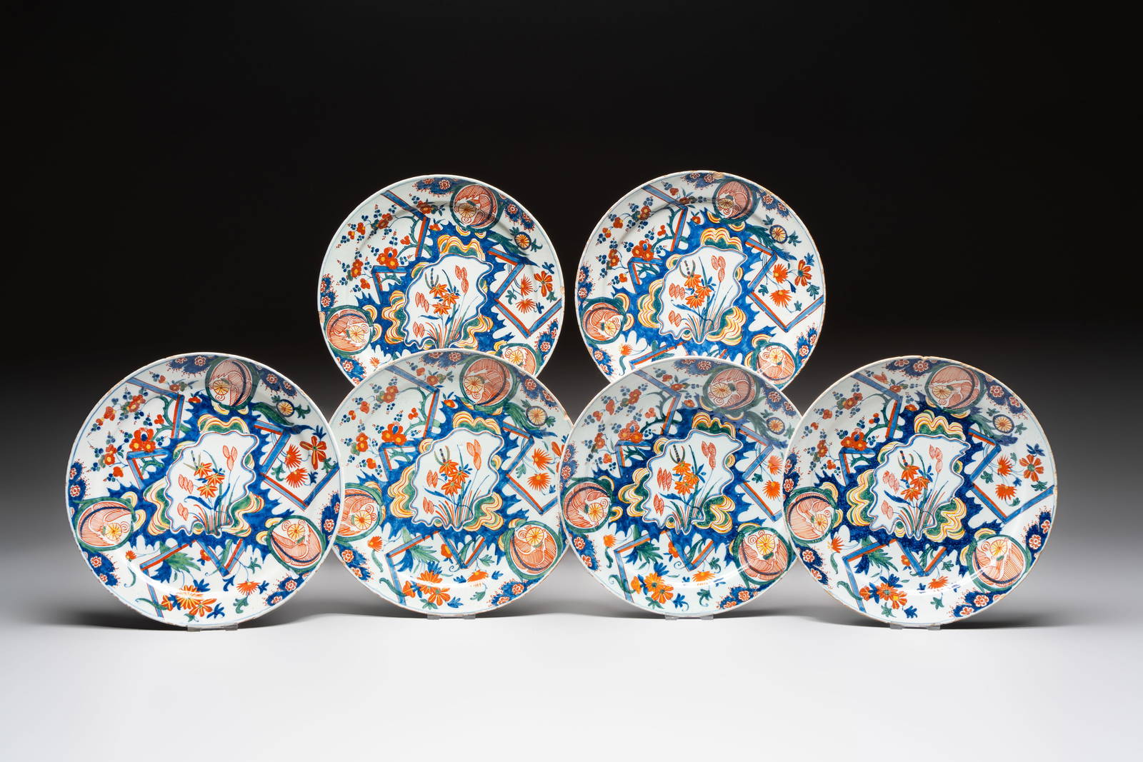Six Polychrome Dutch Delft 'lightning' Plates, 18th C. Auction