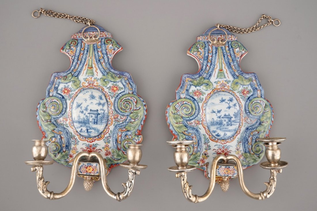An Exceptional Pair Of Dutch Delft Wall Sconces With