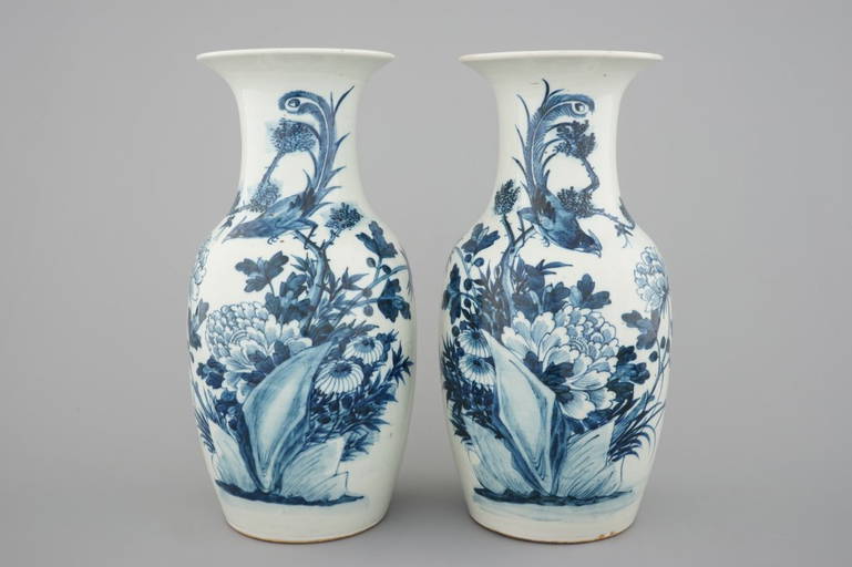 A Pair Of Blue And White Chinese Vases With Birds Among