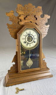 Waterbury Oak Gingerbread Mantle Clock C. 1880