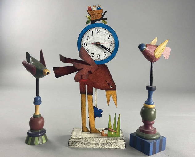 Acme Animal Bird Clock & Carved Wooden Birds