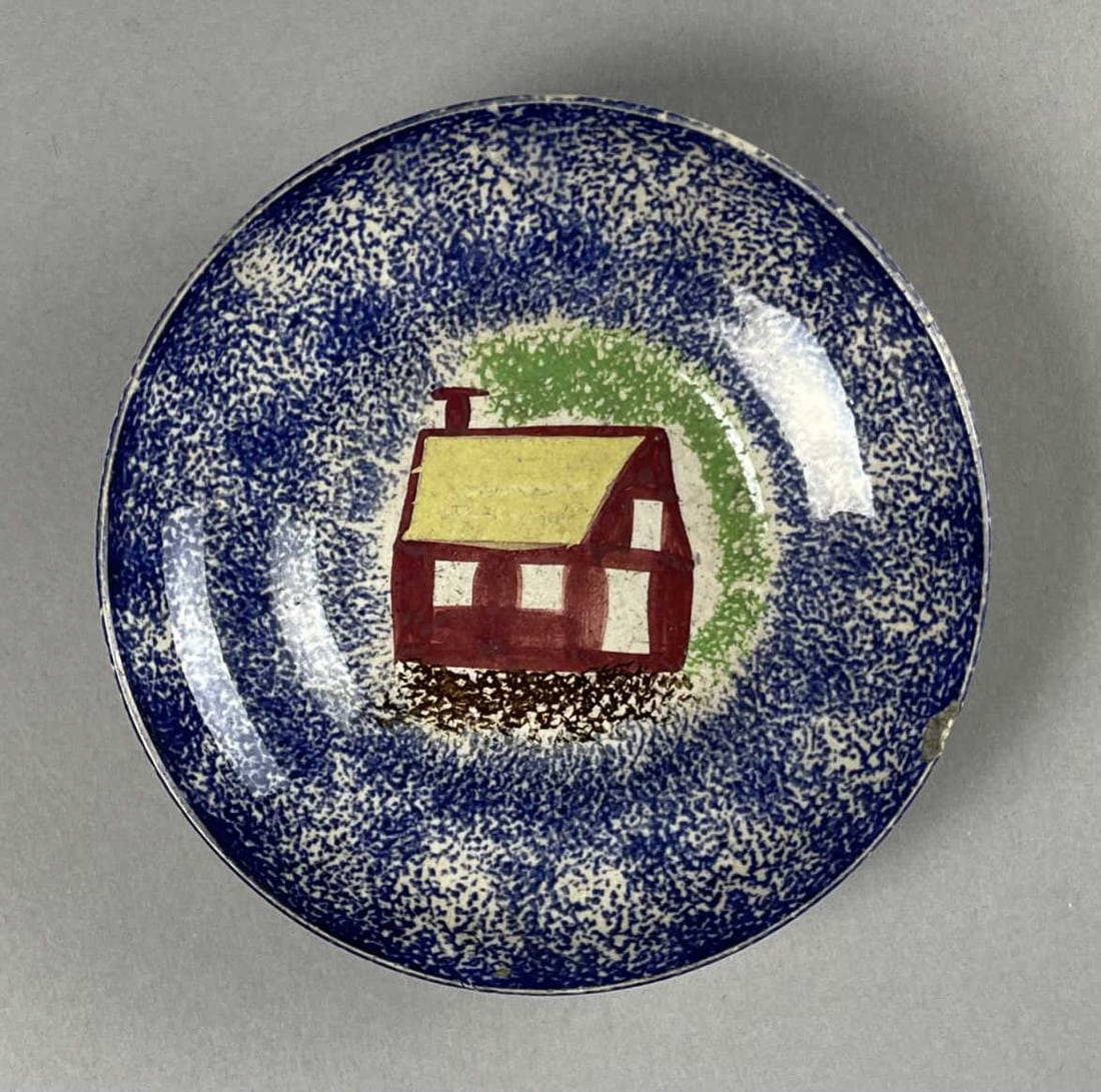19th C. Spatterware Schoolhouse Plate Auction