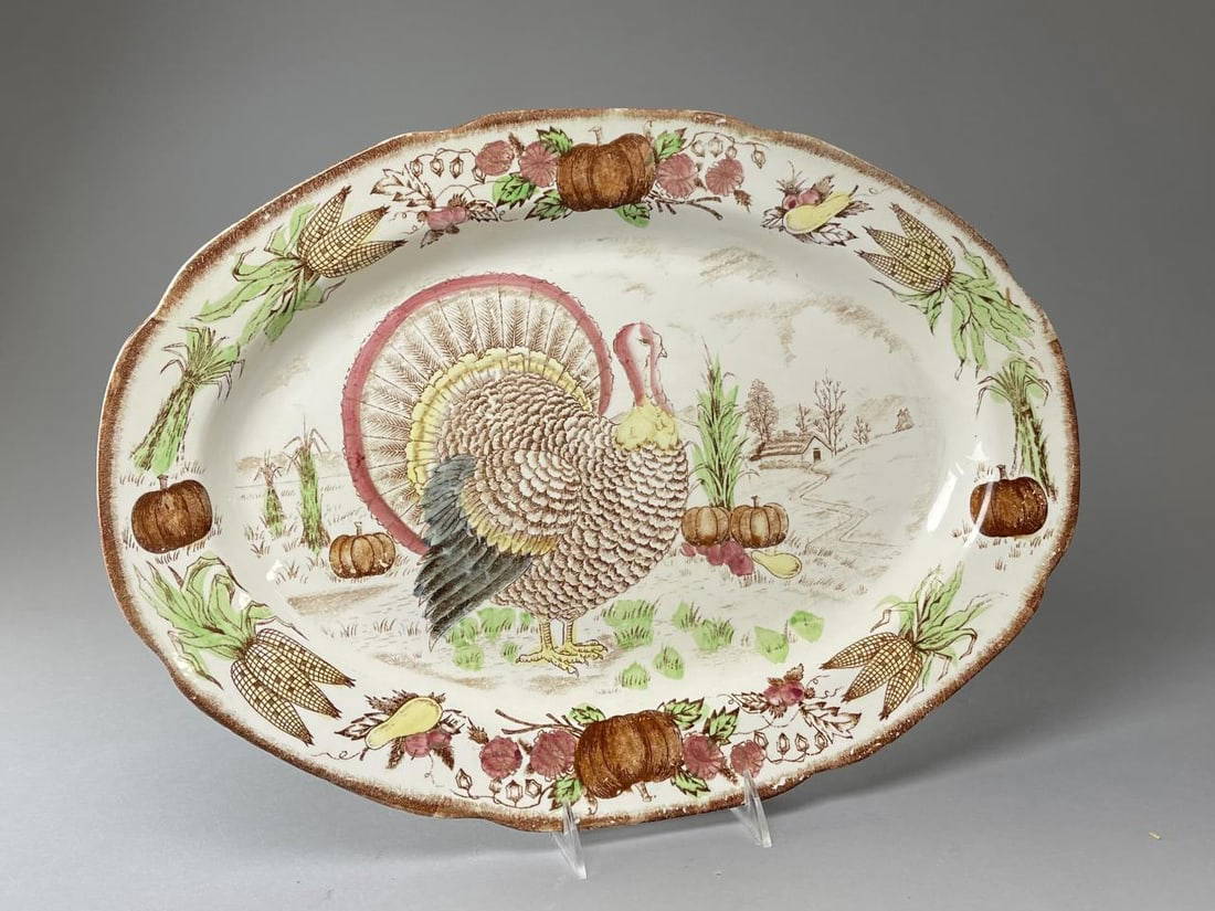 Large Hand Painted Transferware Turkey Platter Auction