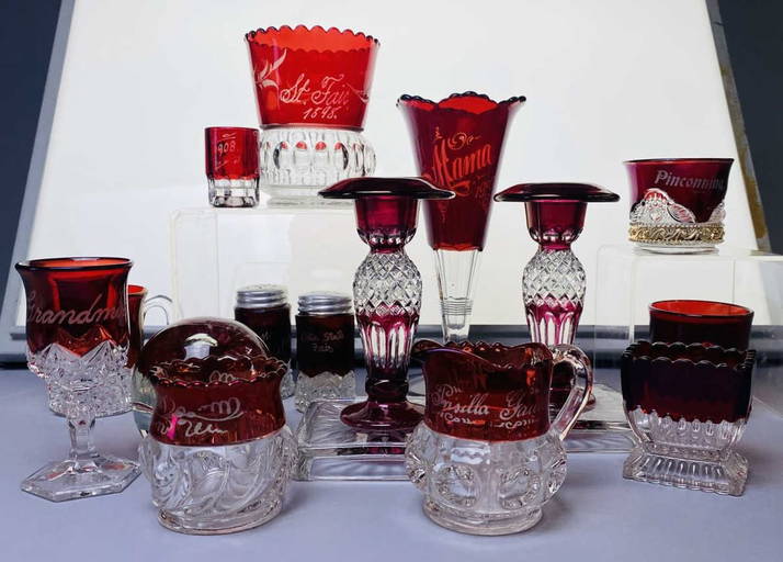 15 Pieces Ruby Flash Souvenir Glass Circa 1900
