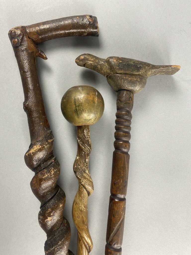 3 Folk Art Carved Wooden Canes Walking Sticks Auction