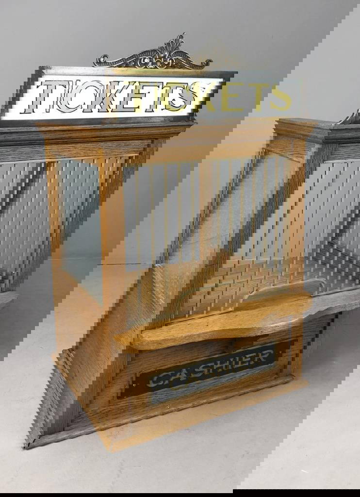 Antique Ticket Window Oak & Brass Auction