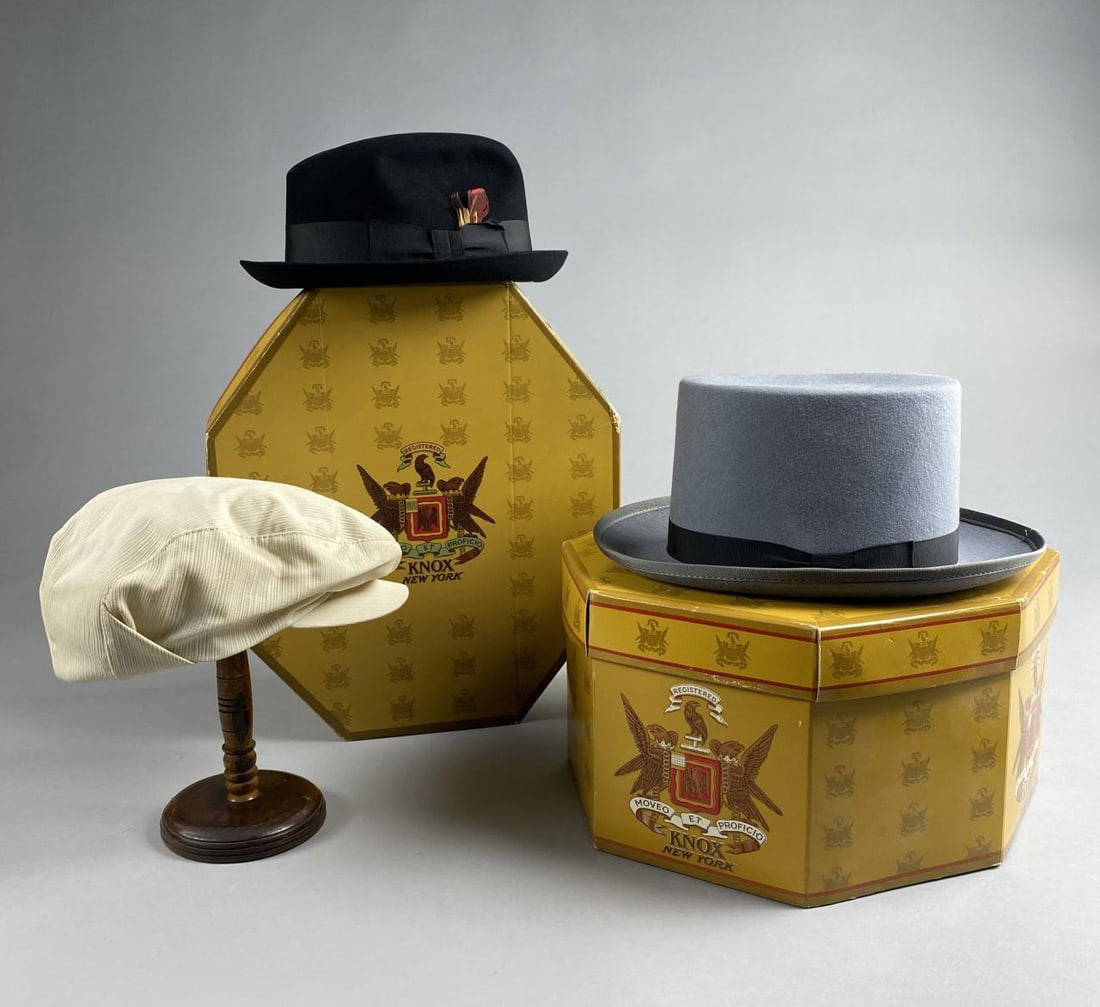 Mens Knox Porkpie, Grey Top Hat & 2 Knox Hatboxes Auction