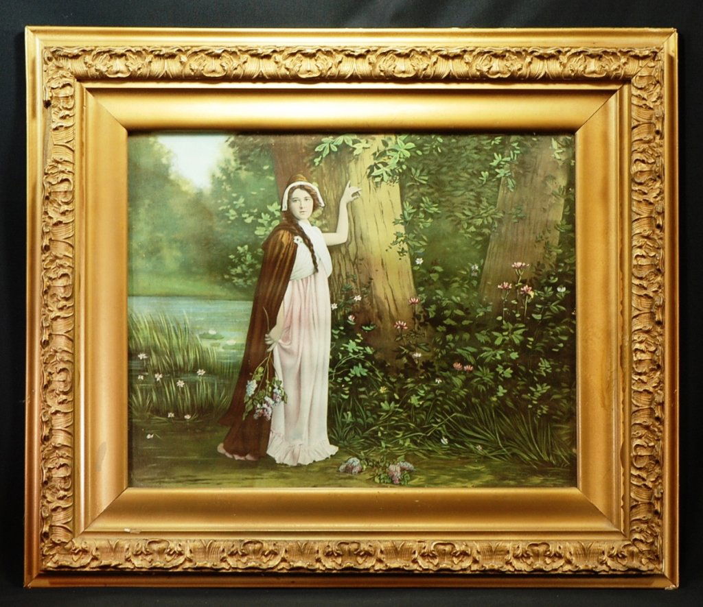 Vintage Lady In The Woods Framed Lithograph