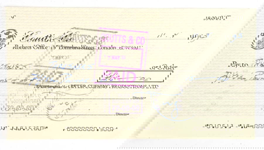 Peter Cushing (1913 1994) Coutts & Co Cheque, Ha
