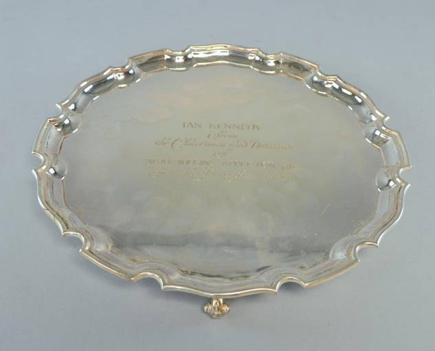 Modern Silver Salver With Pie Crust Rim, On Four Scroll