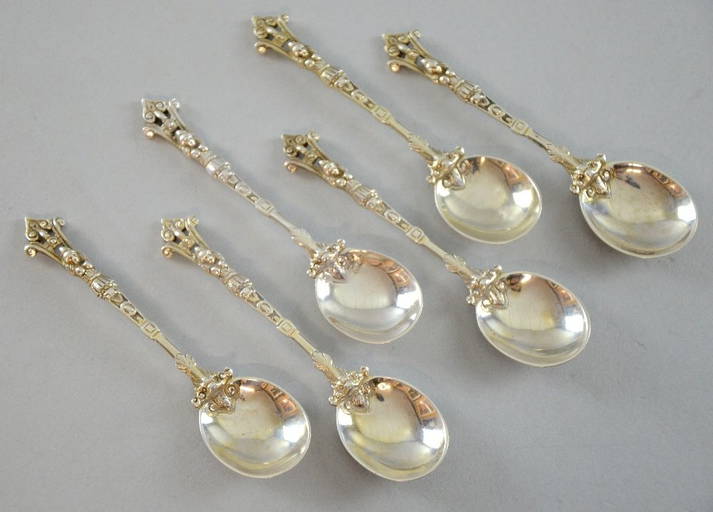 Set Of Six Silver Victorian Gothic Revival Tea Spoons,