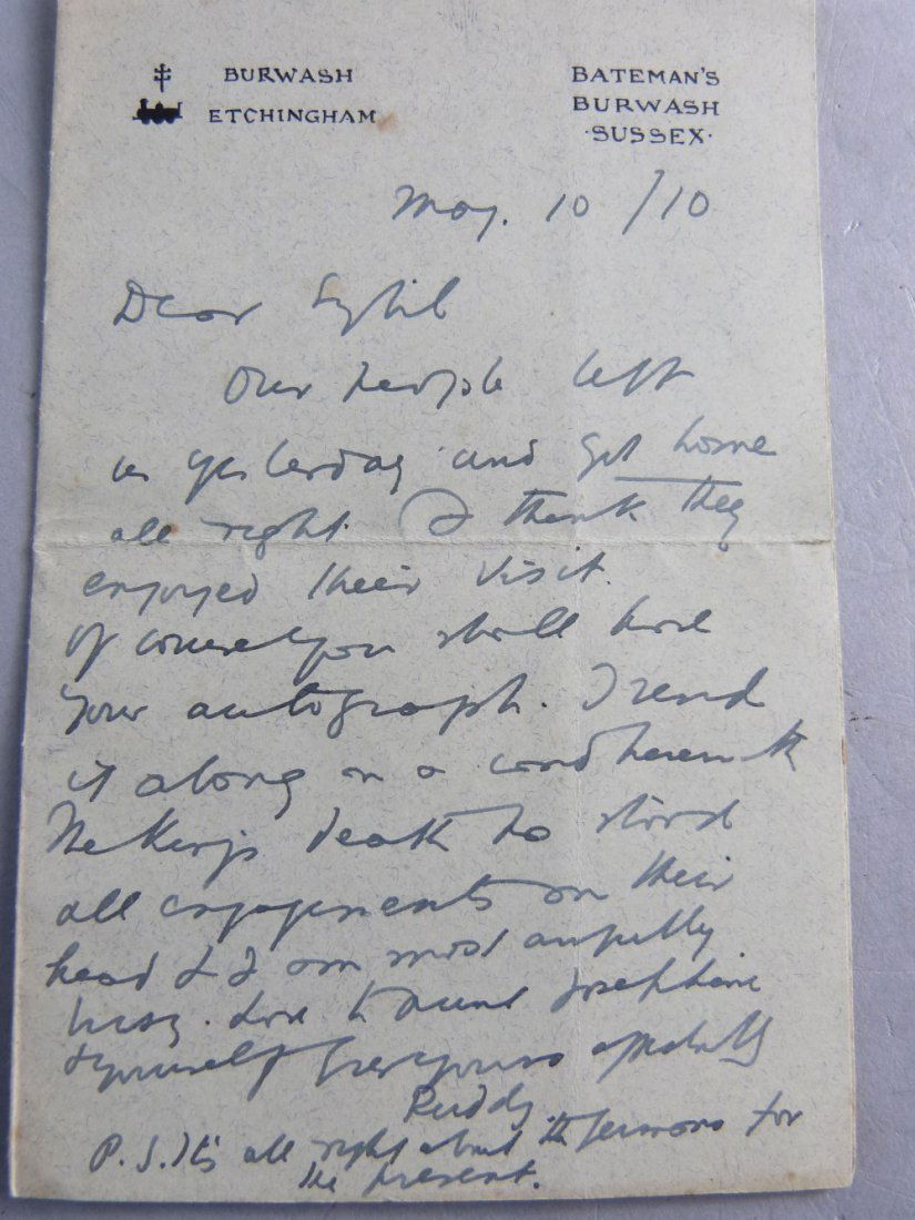 Rudyard Kipling: signed handwritten letter to Sybil