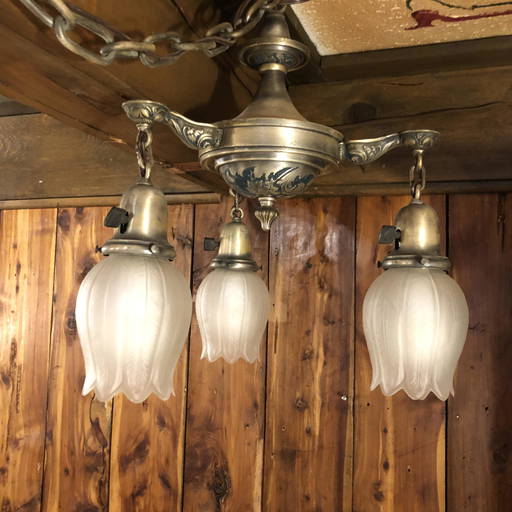 Art Deco 3 Arm Light Fixture Tulip Glass Shades