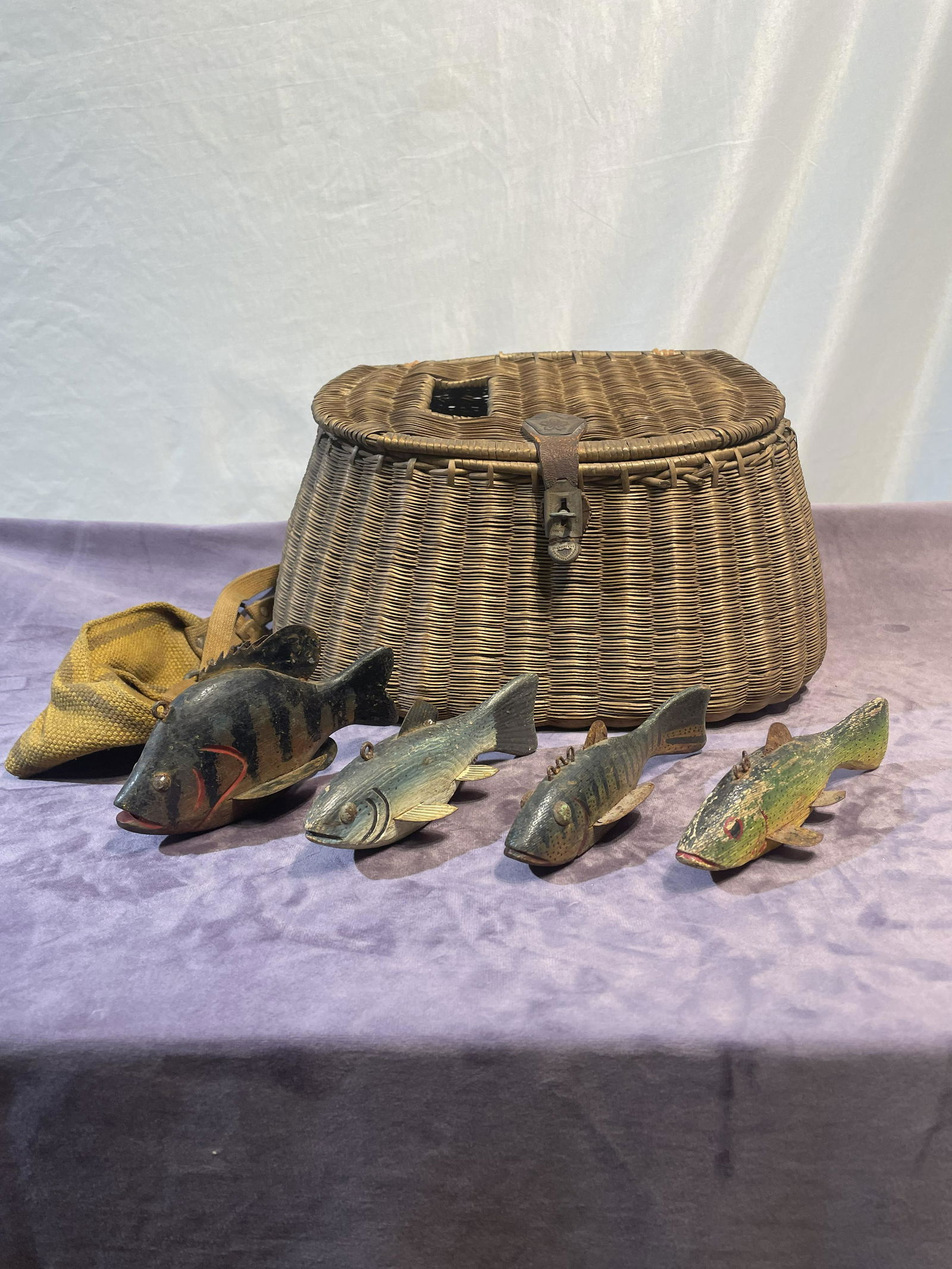 Vintage Fishing Creel & Fish Decoys