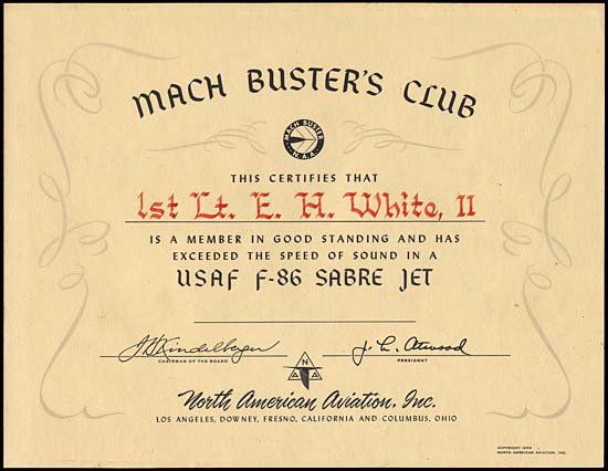 868: 1954 ED WHITE'S 'MACH BUSTERS CLUB' CERTIFICATE