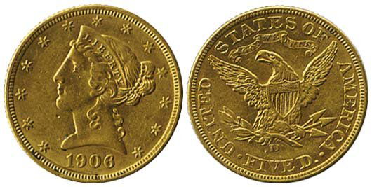 1906 Usa Liberty $5 Gold Piece