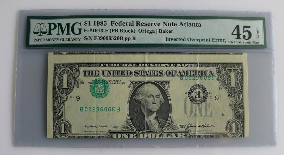 1985 $1 (one) Dollar Inverted Overprint Error Note