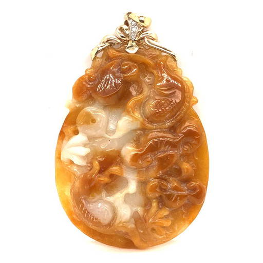 Carved Orange Jadeite Pendant 14k Diamond Accent