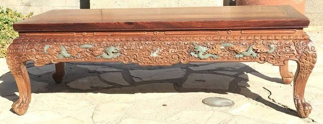 Chinese Hardwood Carving Inlaid Jade Table