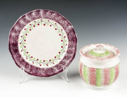 Red Spatterware Plate. Dark Red, Green, A