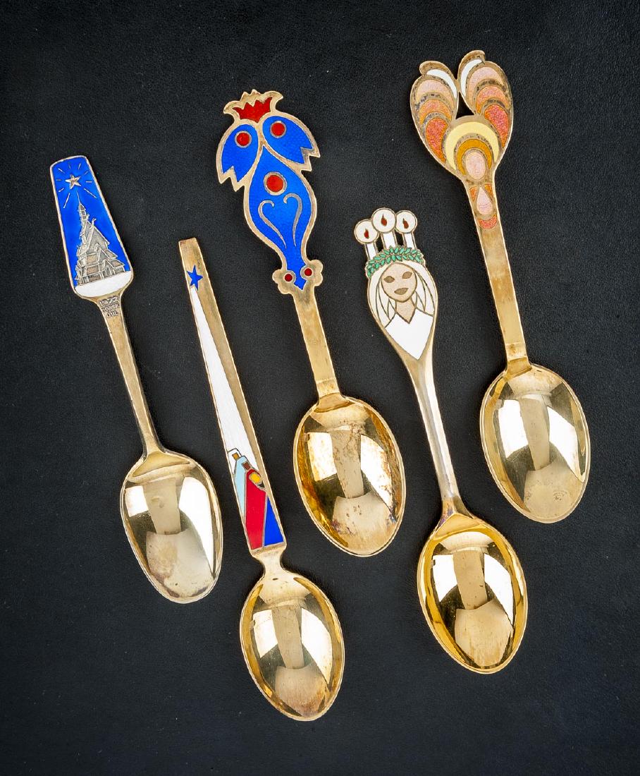 5 Pcs Gold Wash Sterling & Enamel Spoons