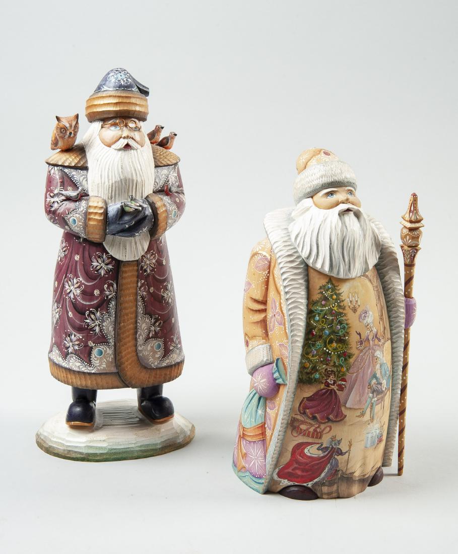 2 Hand Carved & Painted Russian Santa Figurines