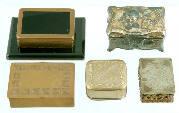 557: Five Metal Stamps Boxes Incl Bradley & Hubbard