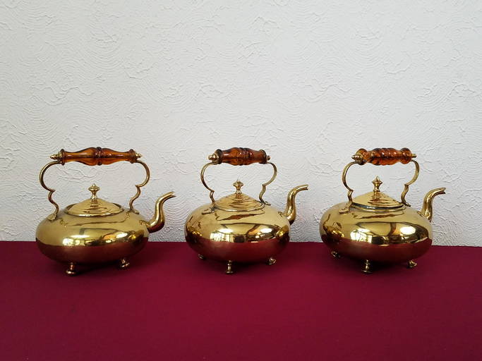 3 Glass Handled Brass Tea Kettles