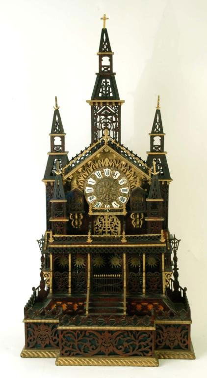 351: Large Tramp Art Fretwork Gothic Cathedral Clock
