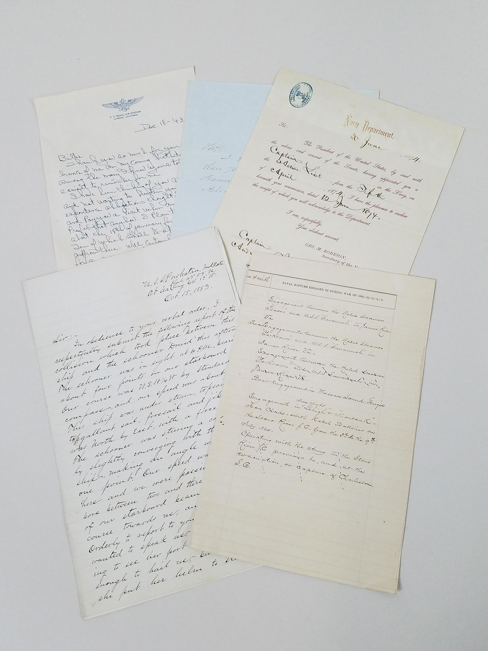 5 Us Navy Letters / Documents