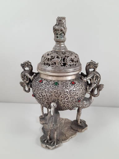 Jeweled Tibetan Silver Censor With Animals